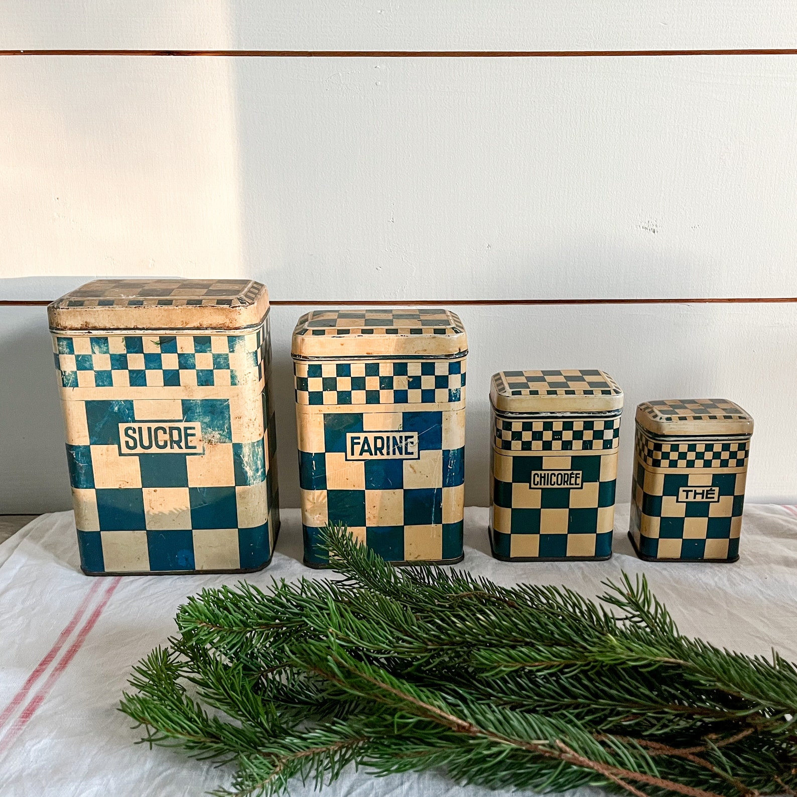 Beautiful French Vintage Blue Checkered Metal Canister Set, Hinged Lids ...