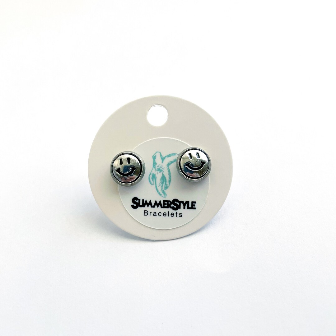 Silver Happy Face Stud Earrings, Stud Earrings, Metal Studs, Happy ...