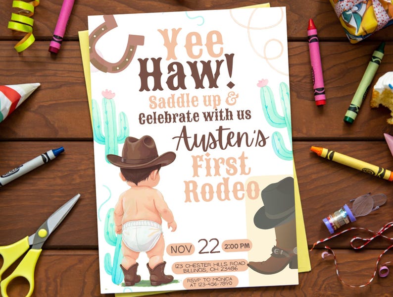 First Rodeo Cowboy Birthday Invitation | 1st Birthday Editable Canva ...