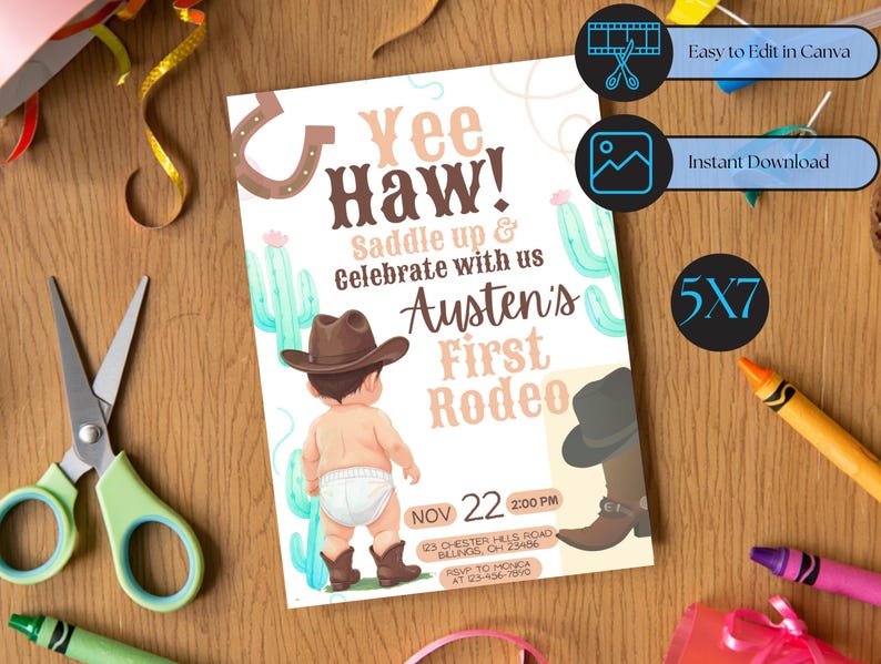 First Rodeo Cowboy Birthday Invitation | 1st Birthday Editable Canva ...
