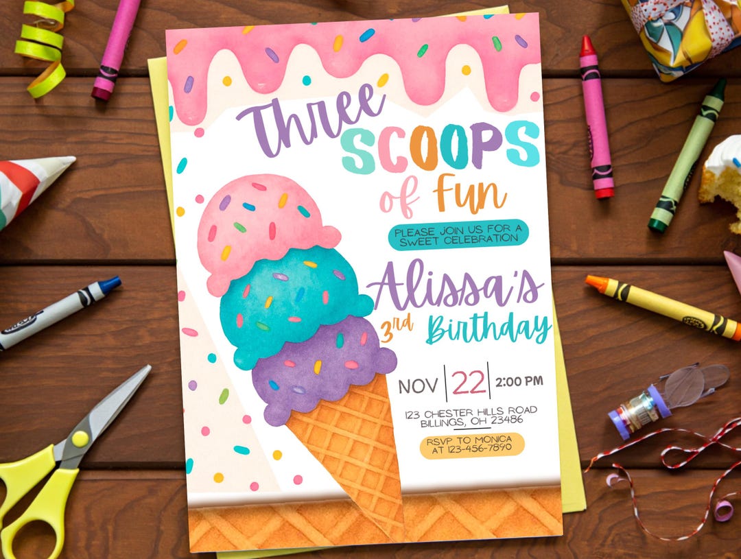 Three Scoops of Fun Ice Cream Birthday Invitation | 3rd Birthday Party ...