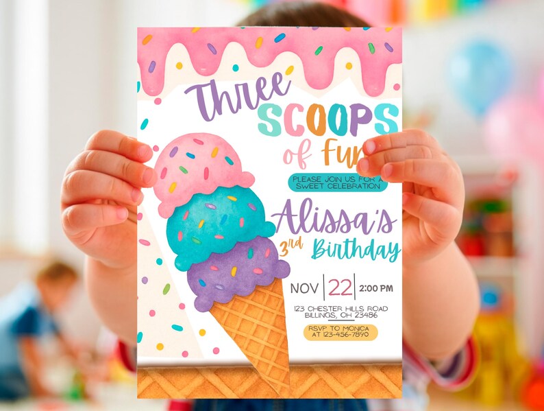 Three Scoops of Fun Ice Cream Birthday Invitation | 3rd Birthday Party ...