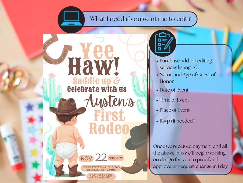 First Rodeo Cowboy Birthday Invitation | 1st Birthday Editable Canva ...
