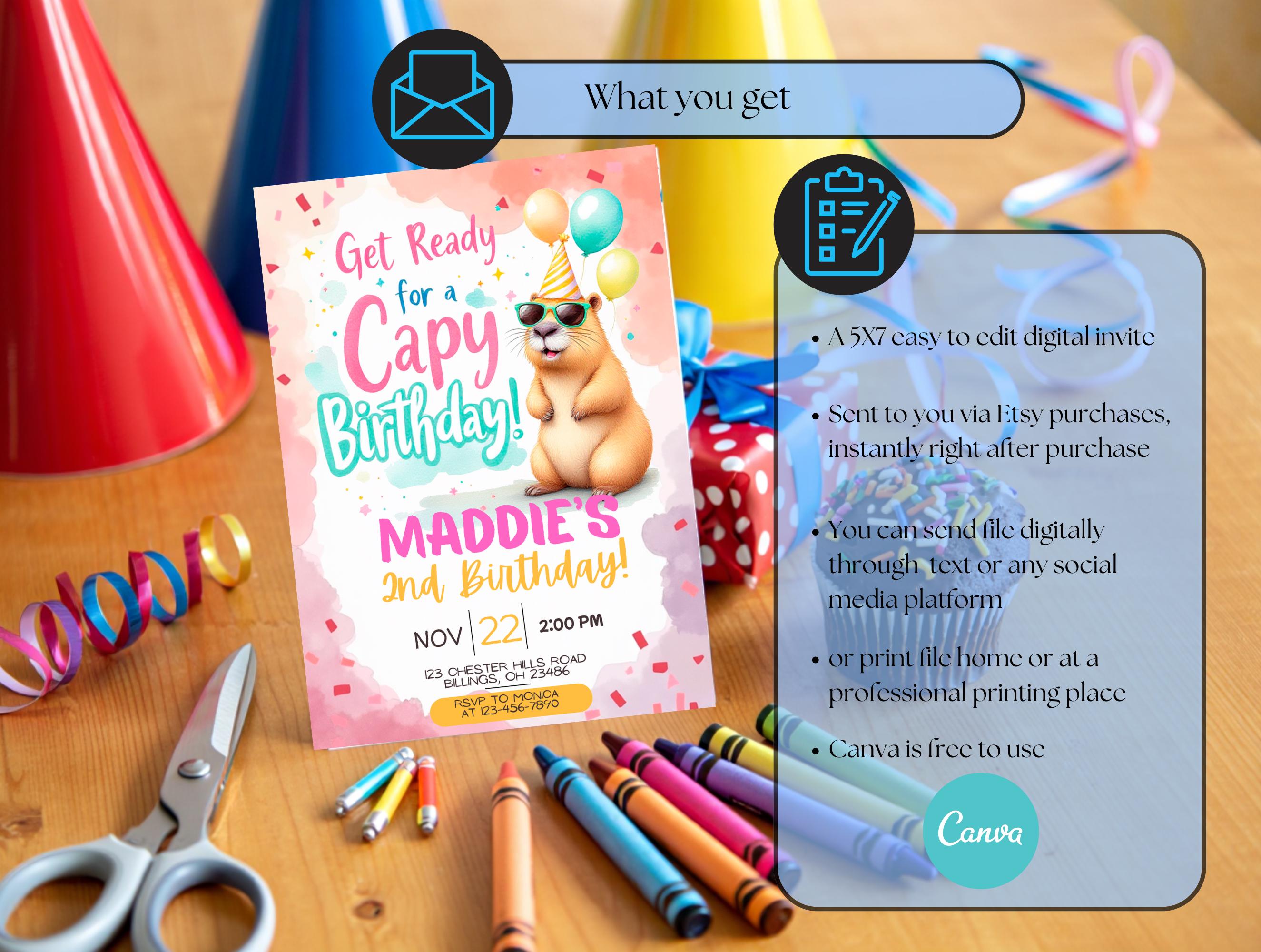 Capybara Birthday Party Invitation | Editable Canva Template | Chill ...