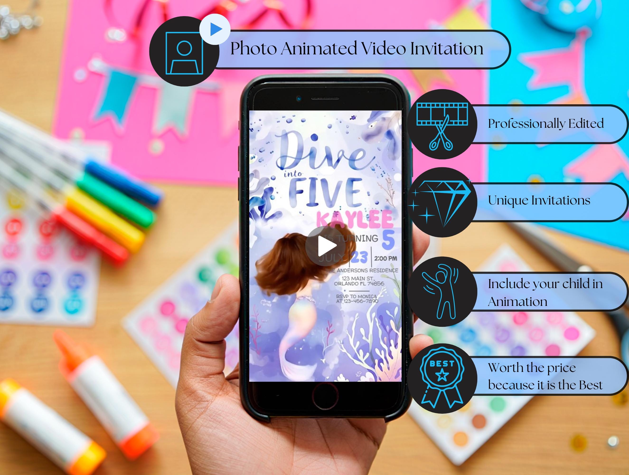 Mermaid Dive Into Five Animated Birthday Invitation With Child’s Photo ...