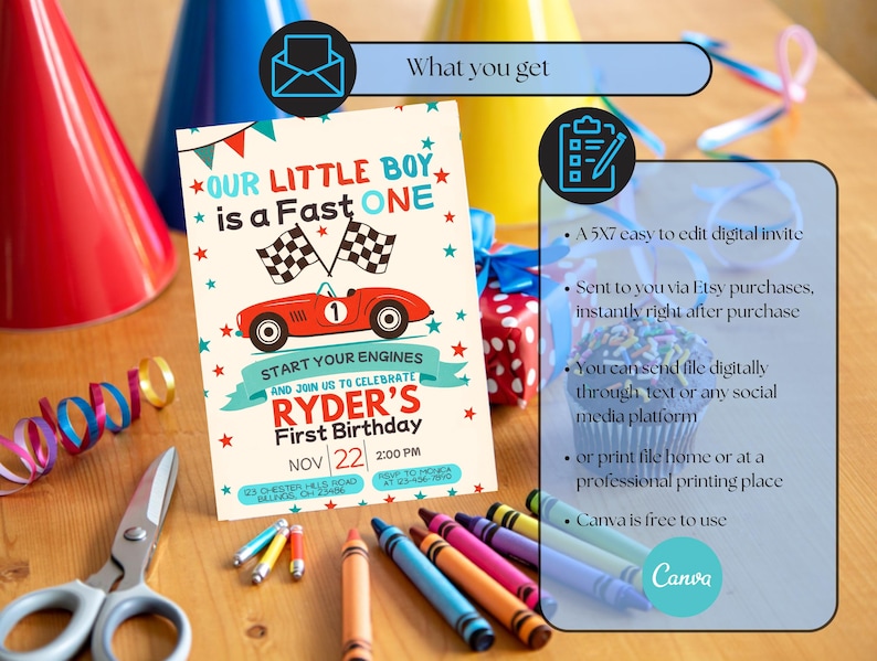 Vintage Race Car Birthday Invitation | Editable Fast One 1st Birthday ...