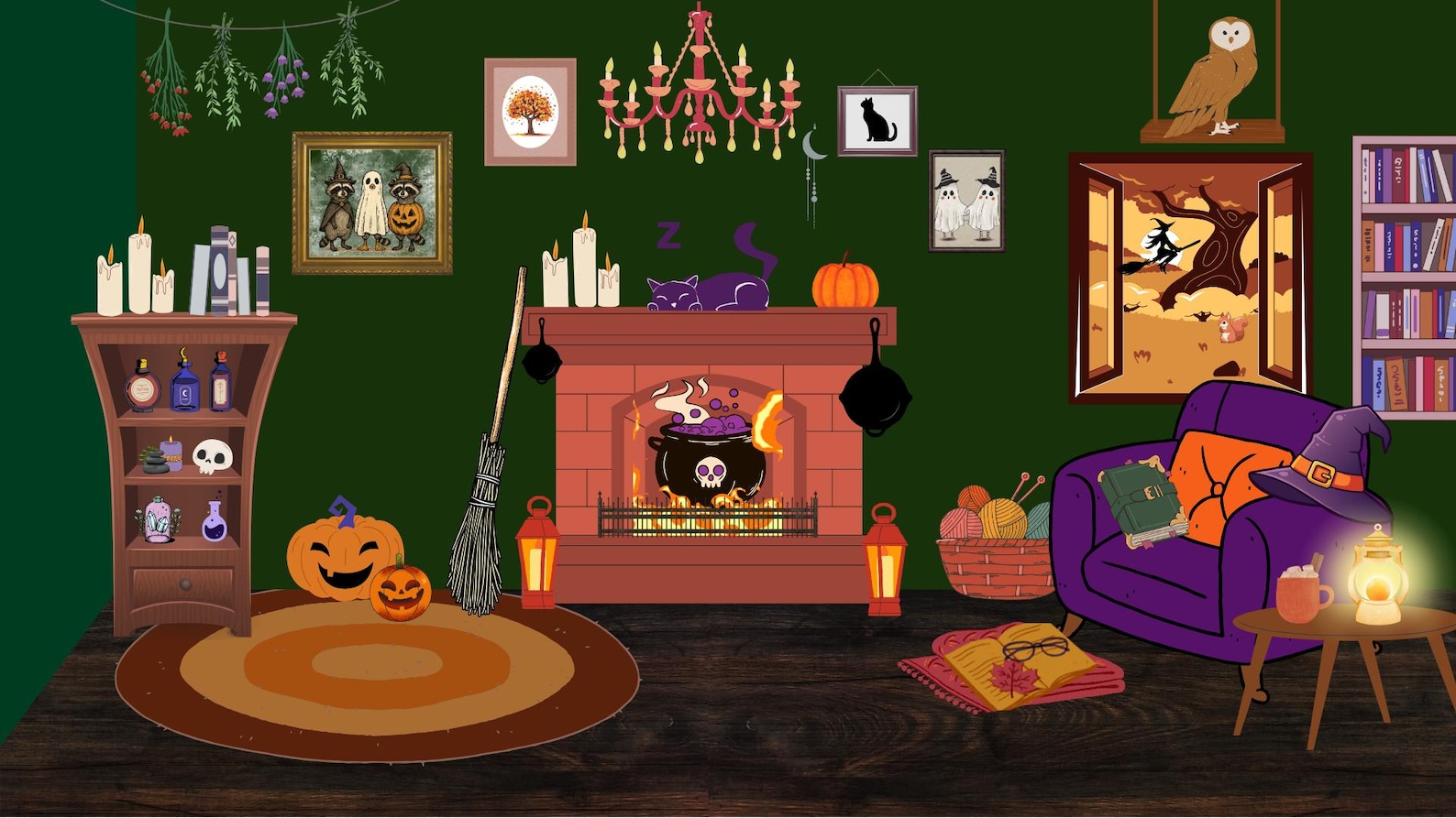 Witchy Fall Room Virtual Backgrounds for Teams, Zoom, Video Conference ...