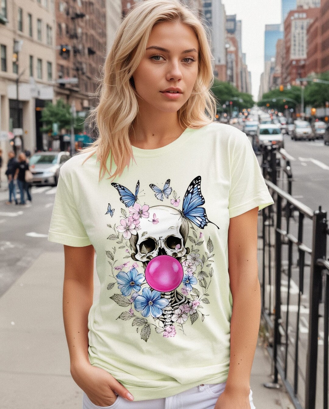 Pink Bubblegum T Shirt Funny Skeleton Skull Tshirt Flower Butterfly T ...
