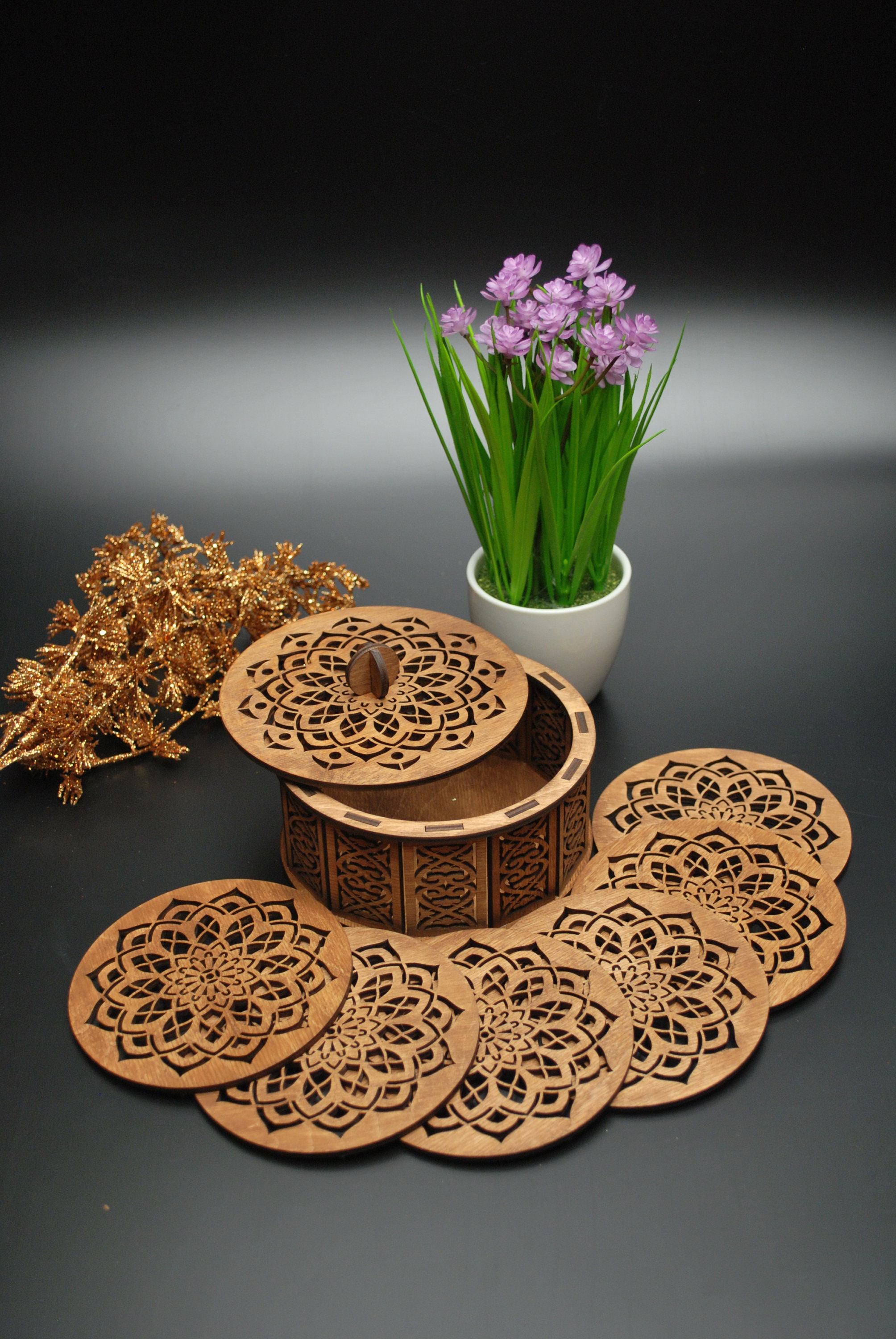 Mandala Set of Cup Stand Unique Wooden Box Cup Holder Cup Coasters - Etsy