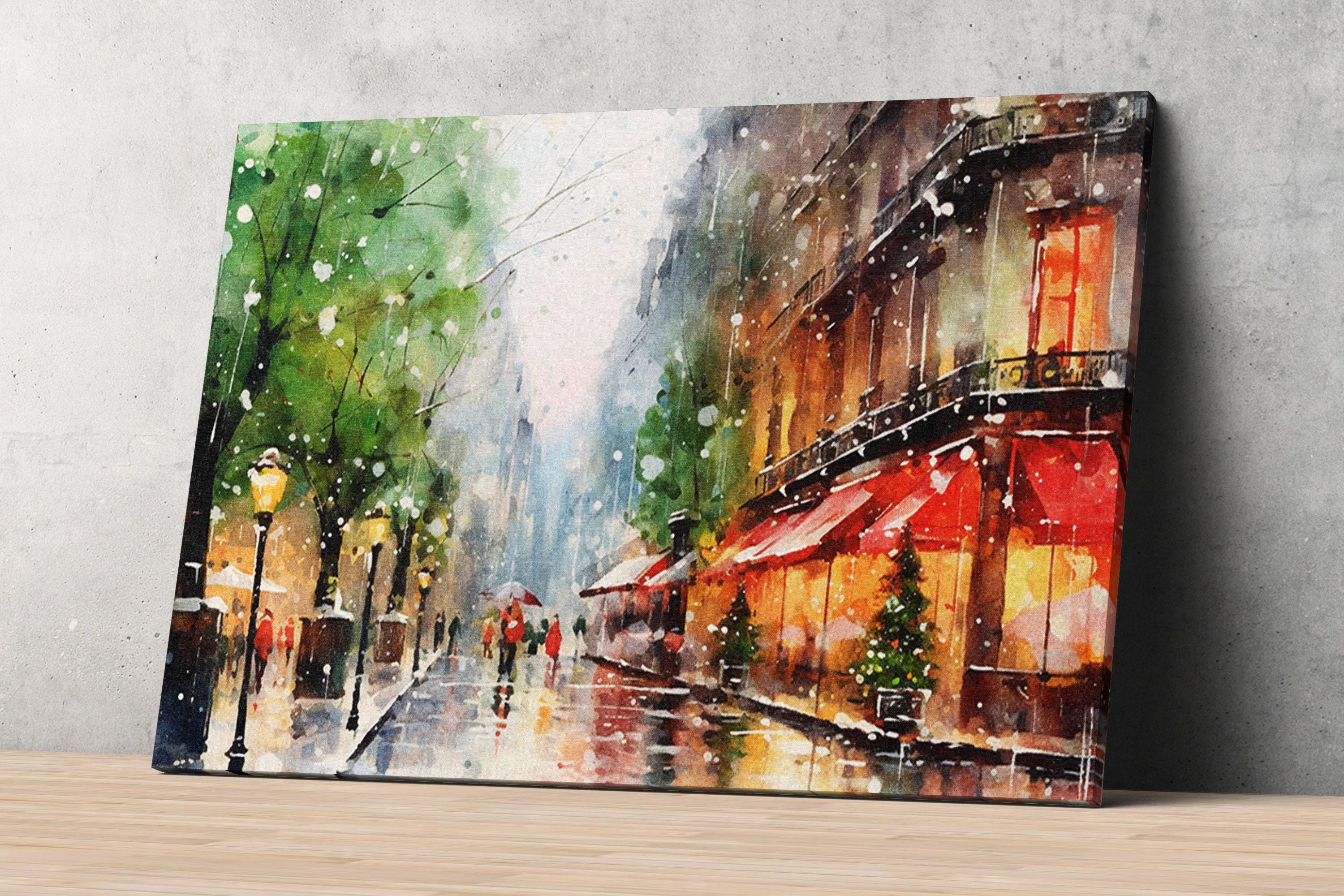 Snowy Christmas Town Watercolor - Rustic Holiday Decor, Print on Canvas ...