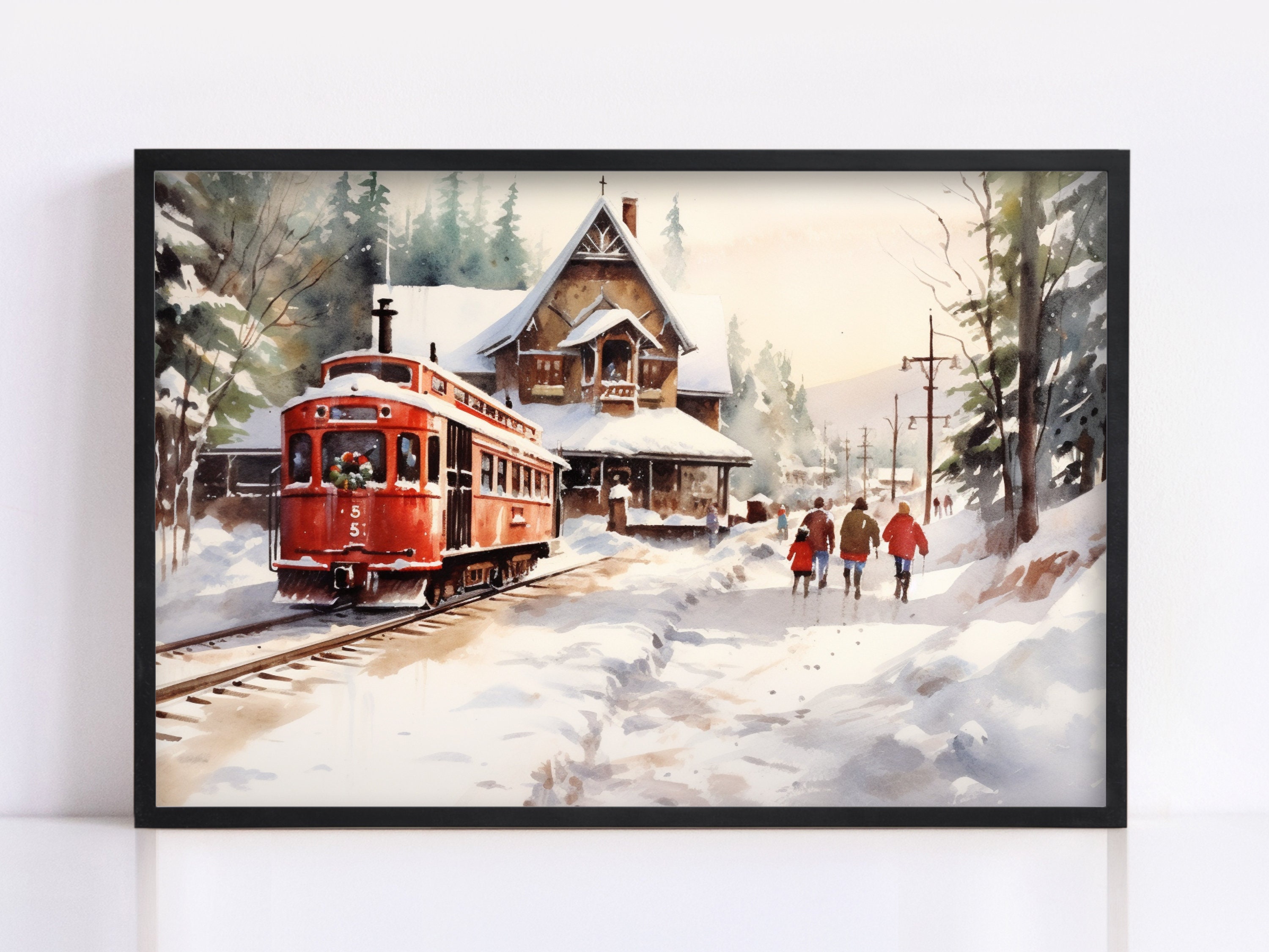 Winter Train Station Watercolor Christmas Wall Art, Giclee Print on ...