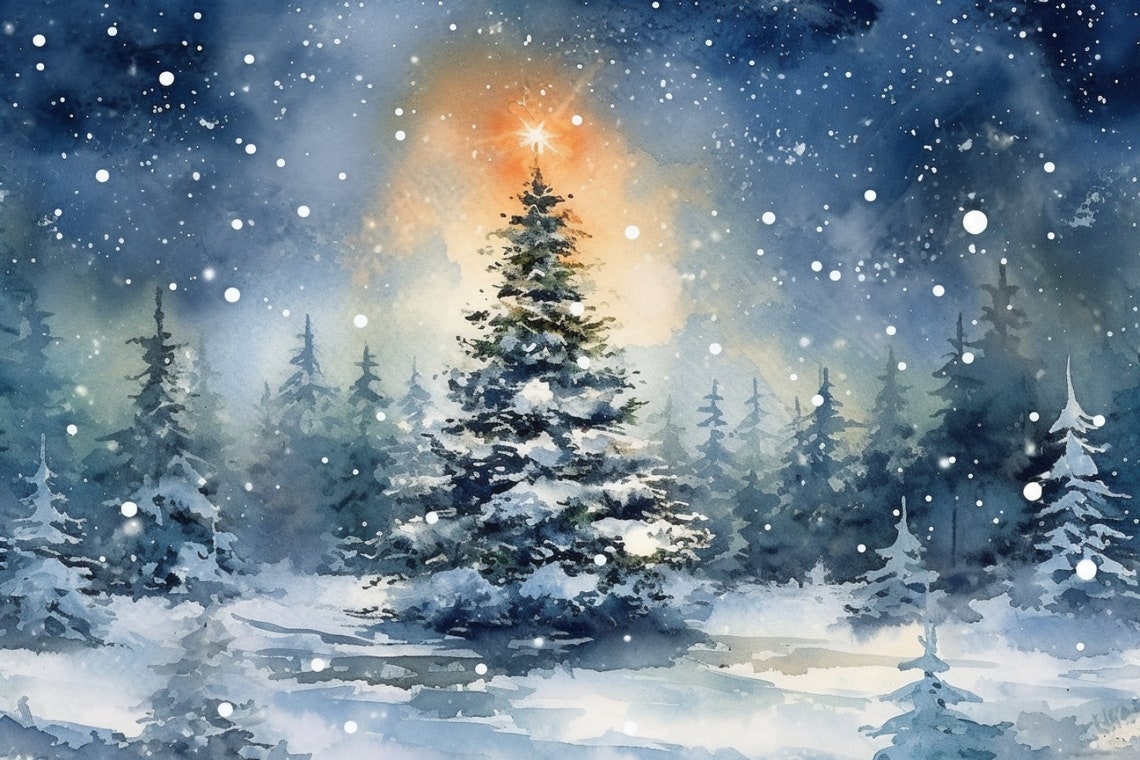 Beautiful Christmas Tree Winter Scene Watercolor Painting - Etsy