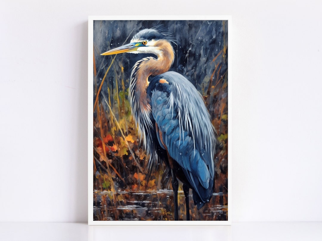 Waterside Blue Heron Watercolor Art for Wall Display, Giclee Print on ...