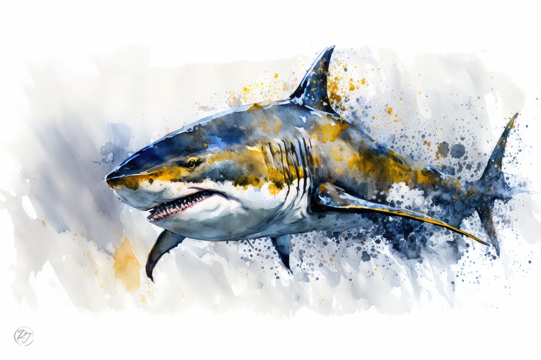 Shark Watercolor Art Print, Shark Canvas Print, Shark Framed Wall Art ...