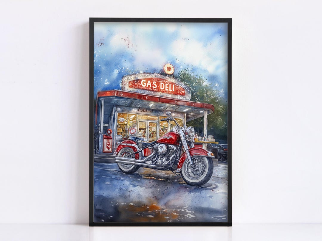 Watercolor Motorcycle at Roadside Diner, Giclee Print on Canvas, Artist ...