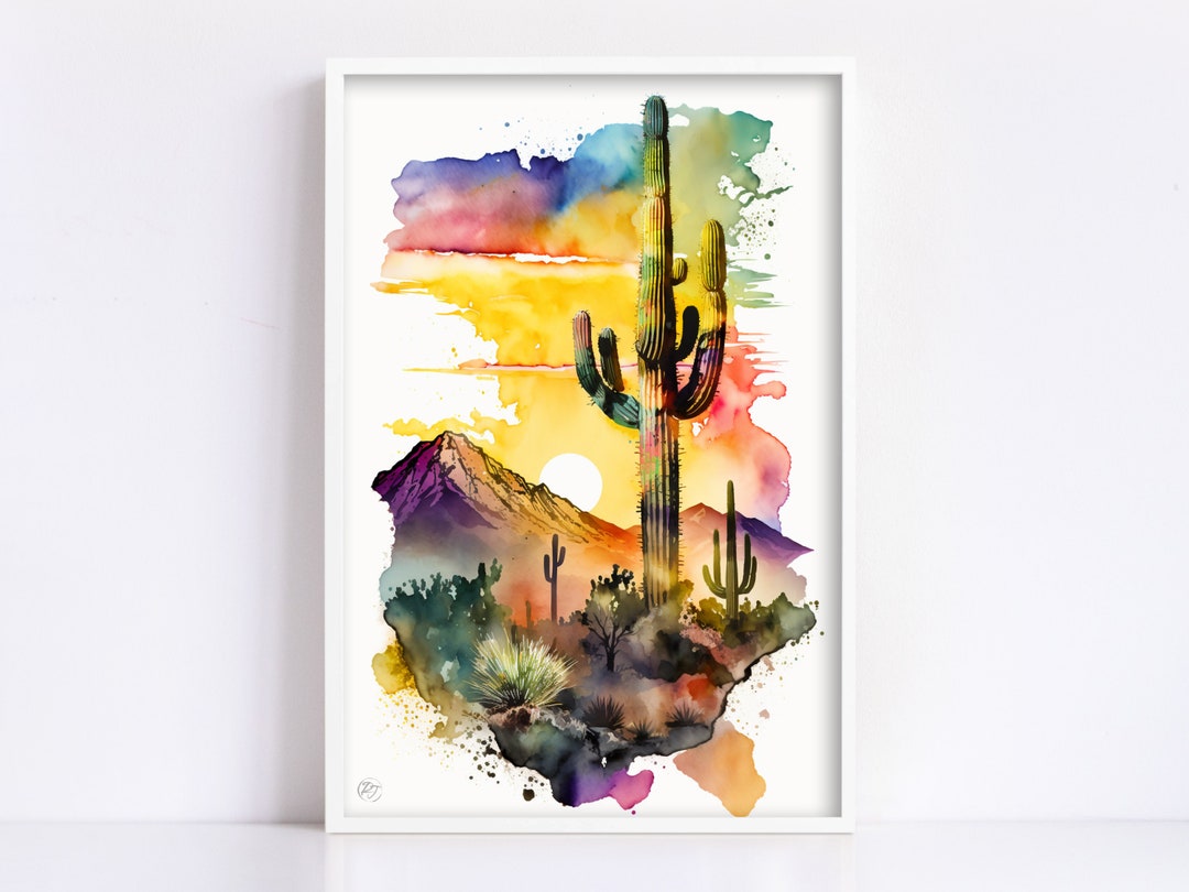 Sunset Over Desert: Watercolor Desert Landscape Print, Giclee Print ...