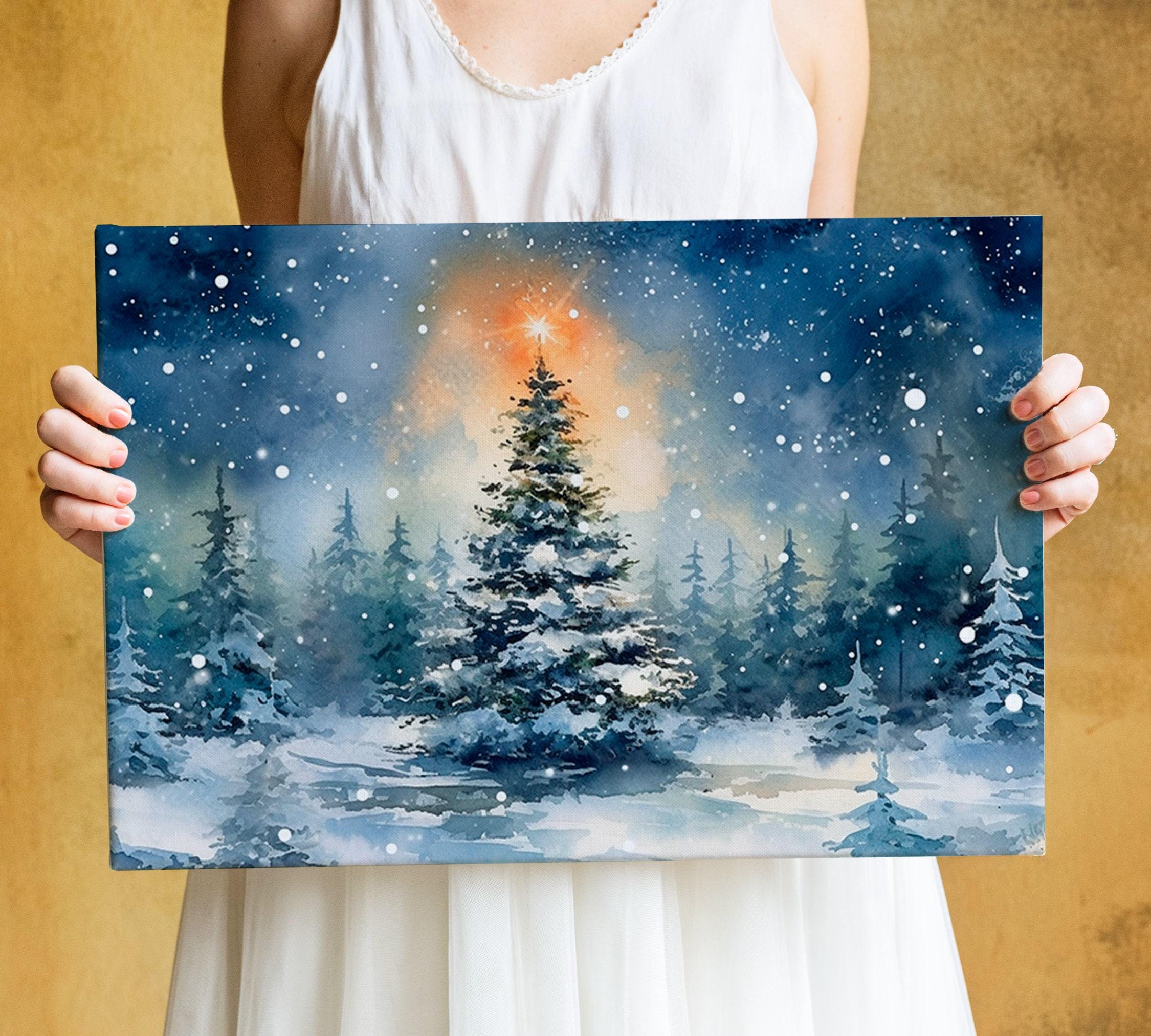 Beautiful Christmas Tree Winter Scene - Watercolor Painting, Print on ...