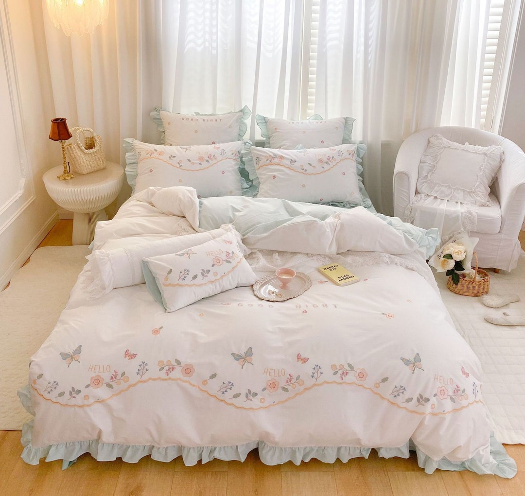 Butterfly Embroidery Duvet Cover Princess Ruffled Bedding Set Girlish ...