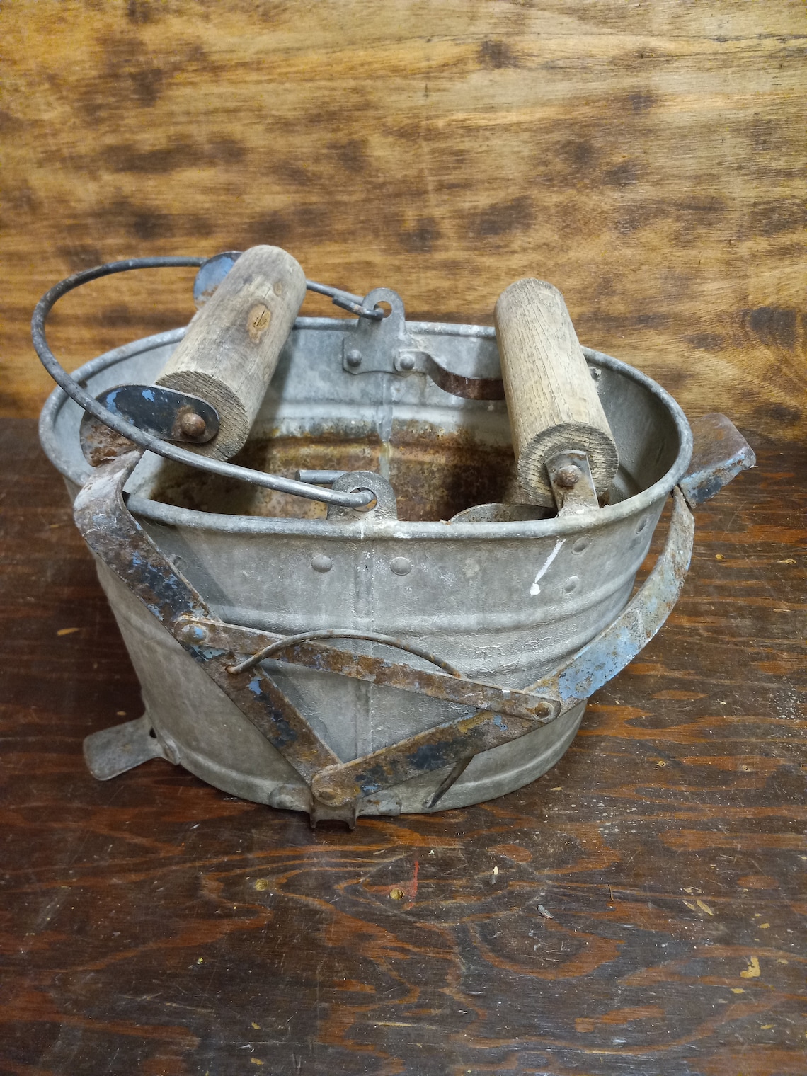 Vintage Galvanized Metal Mop Bucket With Wooden Wringer - Etsy