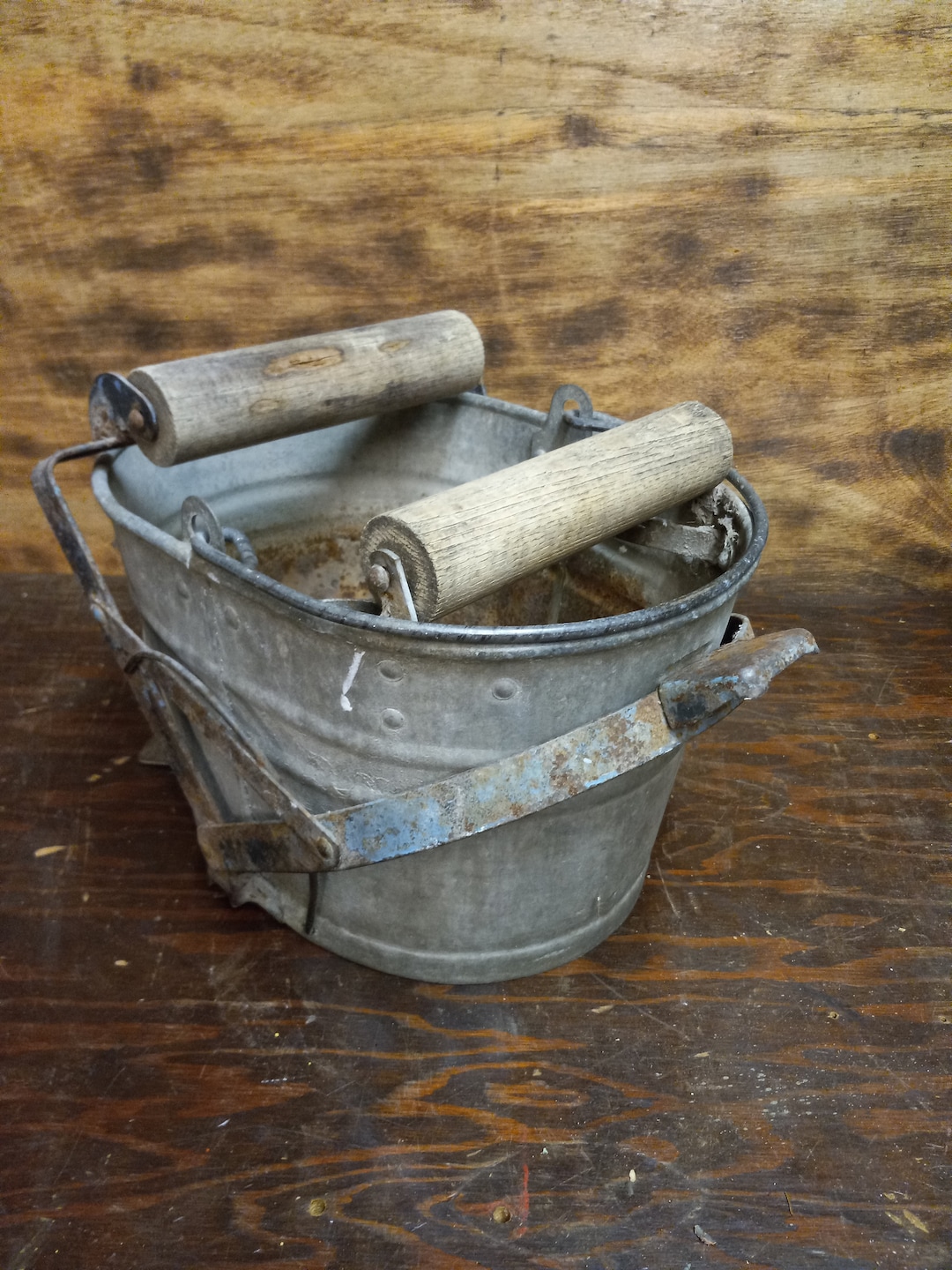Vintage Galvanized Metal Mop Bucket With Wooden Wringer - Etsy