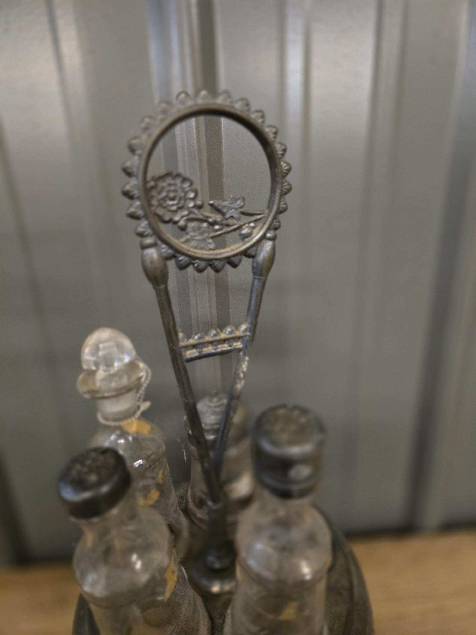 Antique Silver Plated Cruet Set 4 Etched Glass Bottles Ornate Holder ...