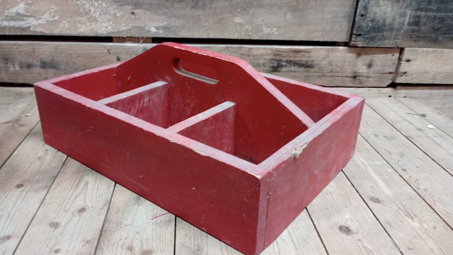 Antique Primitive Wooden Divided Tool Nail Box Tote Carrier Barn Red ...