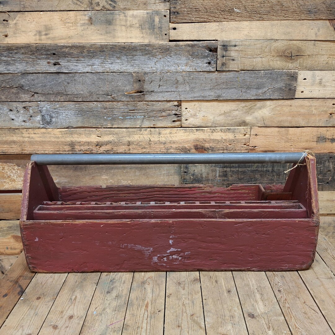 Antique Primitive Wooden Divided Tool Nail Box Tote Carrier Barn Red ...