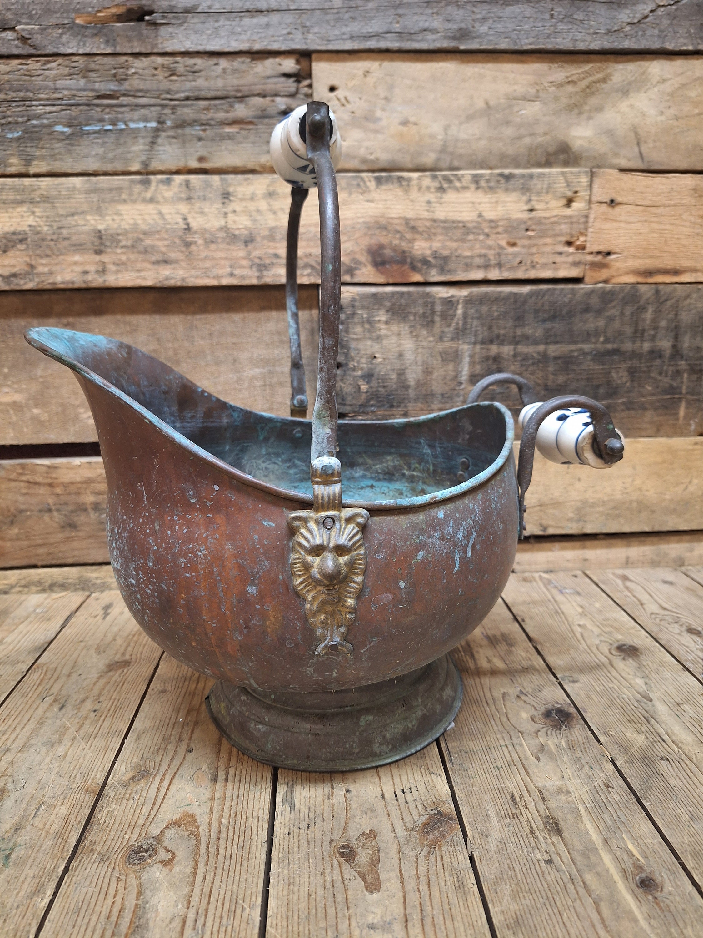 Vintage Copper Coal Scuttle Ash Bucket With Ceramic Blue and White ...