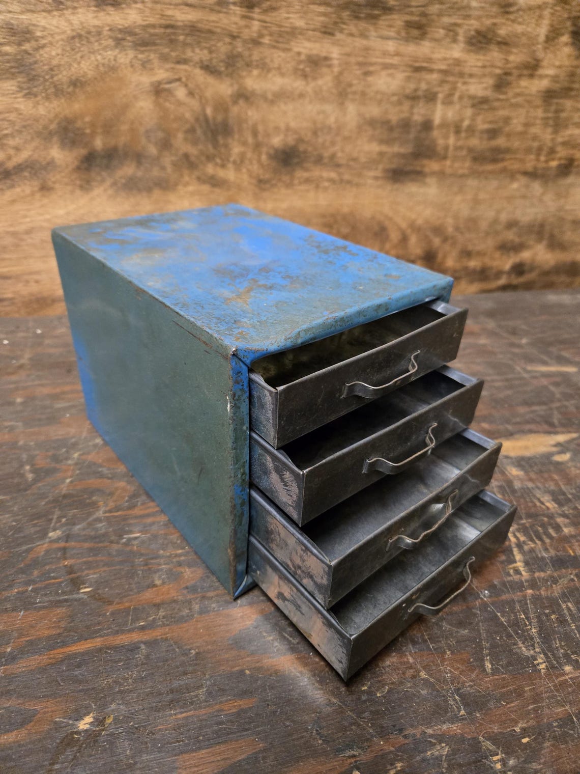Antique VTG Rustic Primitive Industrial Blue Metal Parts Bin Organizer ...