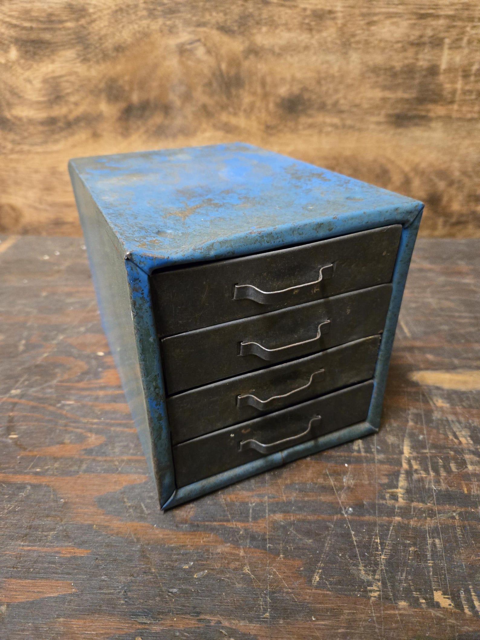 Antique VTG Rustic Primitive Industrial Blue Metal Parts Bin Organizer ...