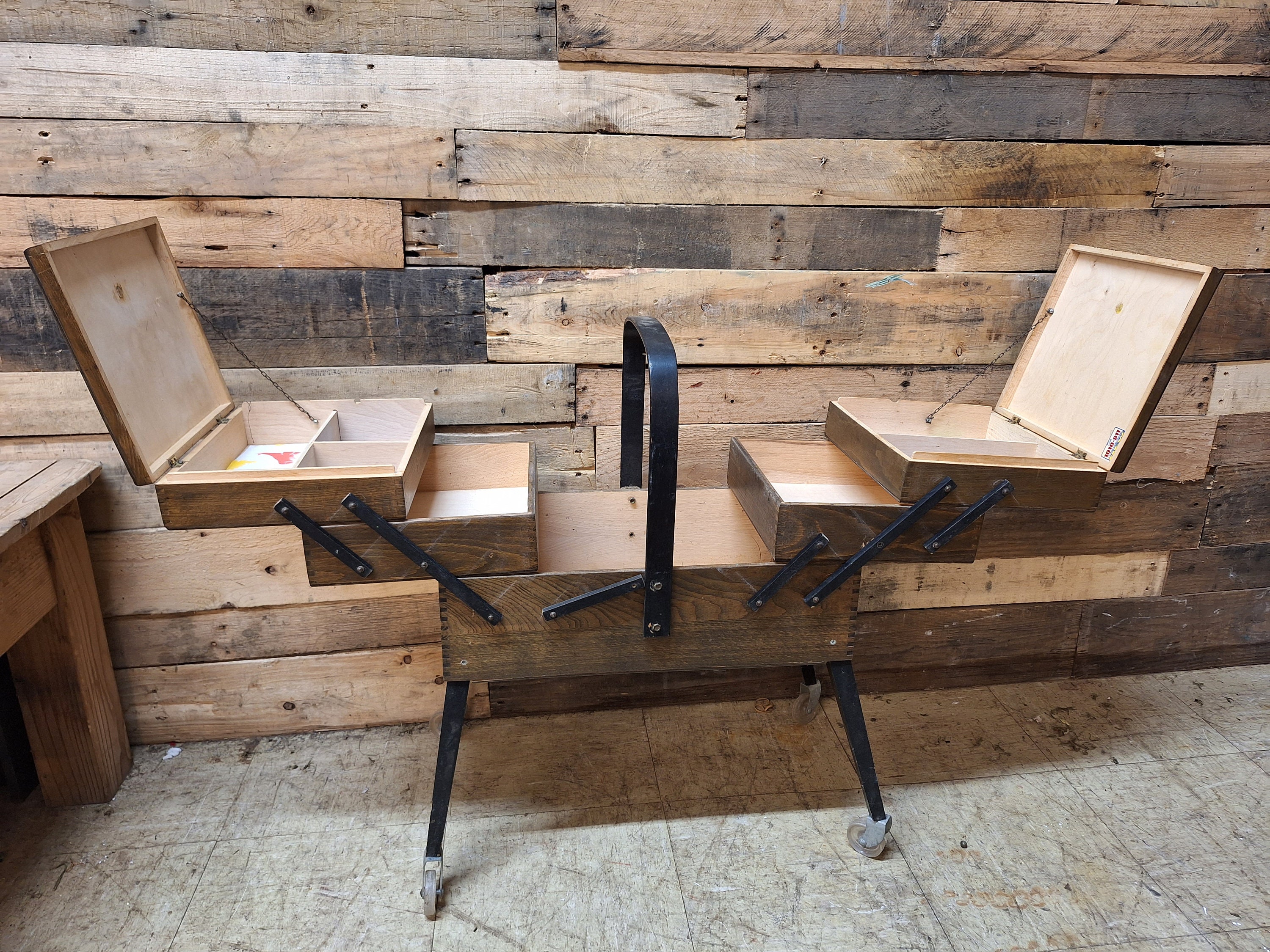 Vintage Accordion Fold Out 3-tier Wood Sewing Box Basket Chest W/legs ...