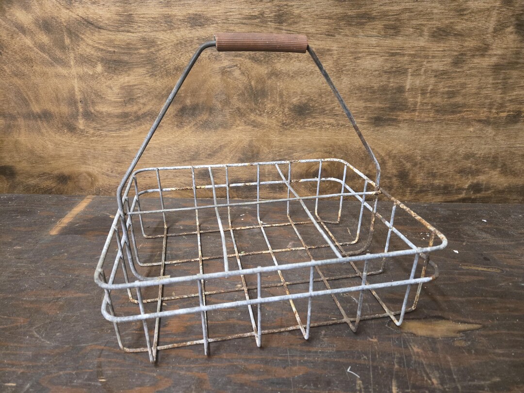 Vintage Metal Glass Milk Bottle Basket Carrier With Wooden Handle With ...