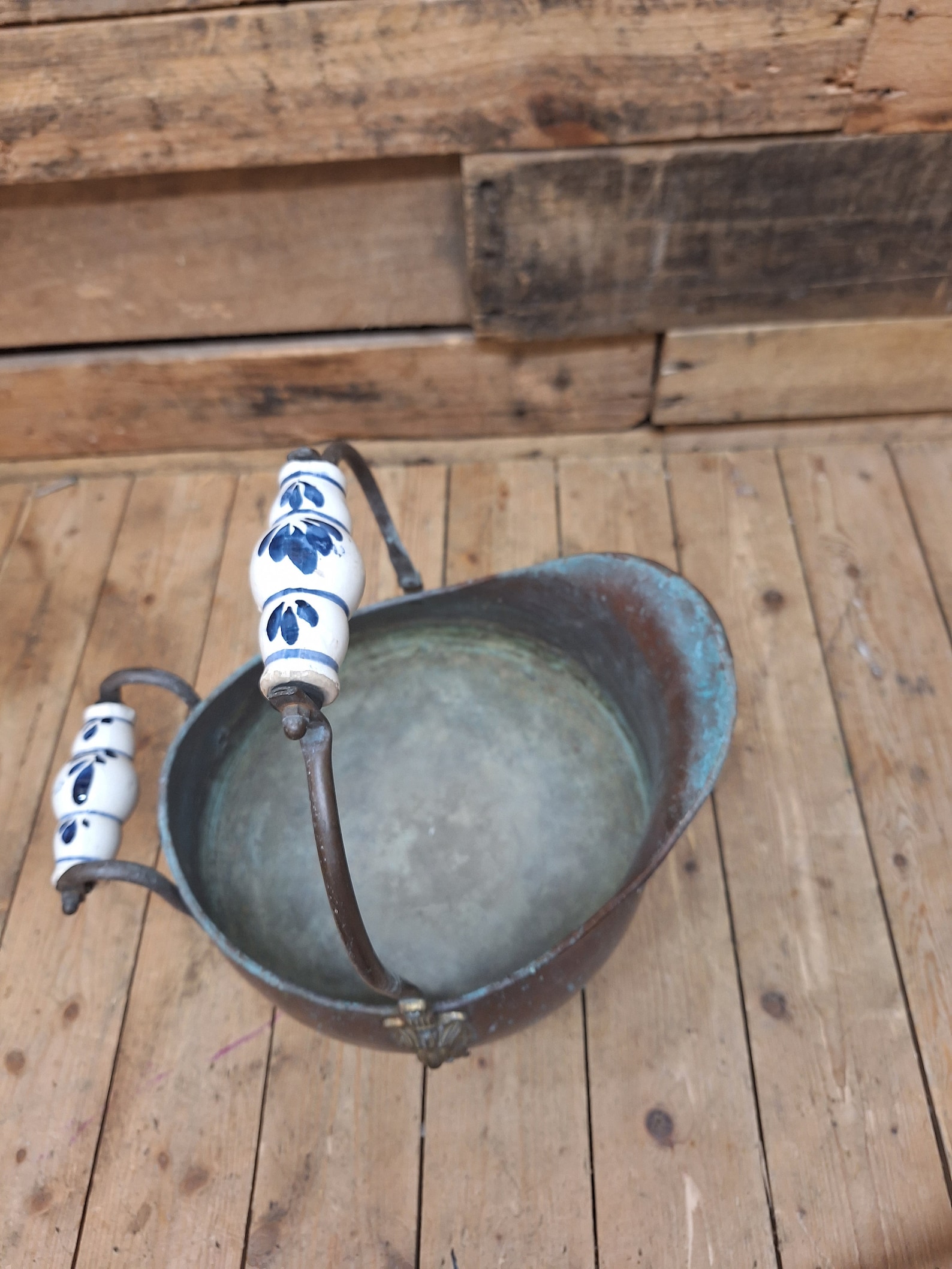 Vintage Copper Coal Scuttle Ash Bucket With Ceramic Blue and White ...