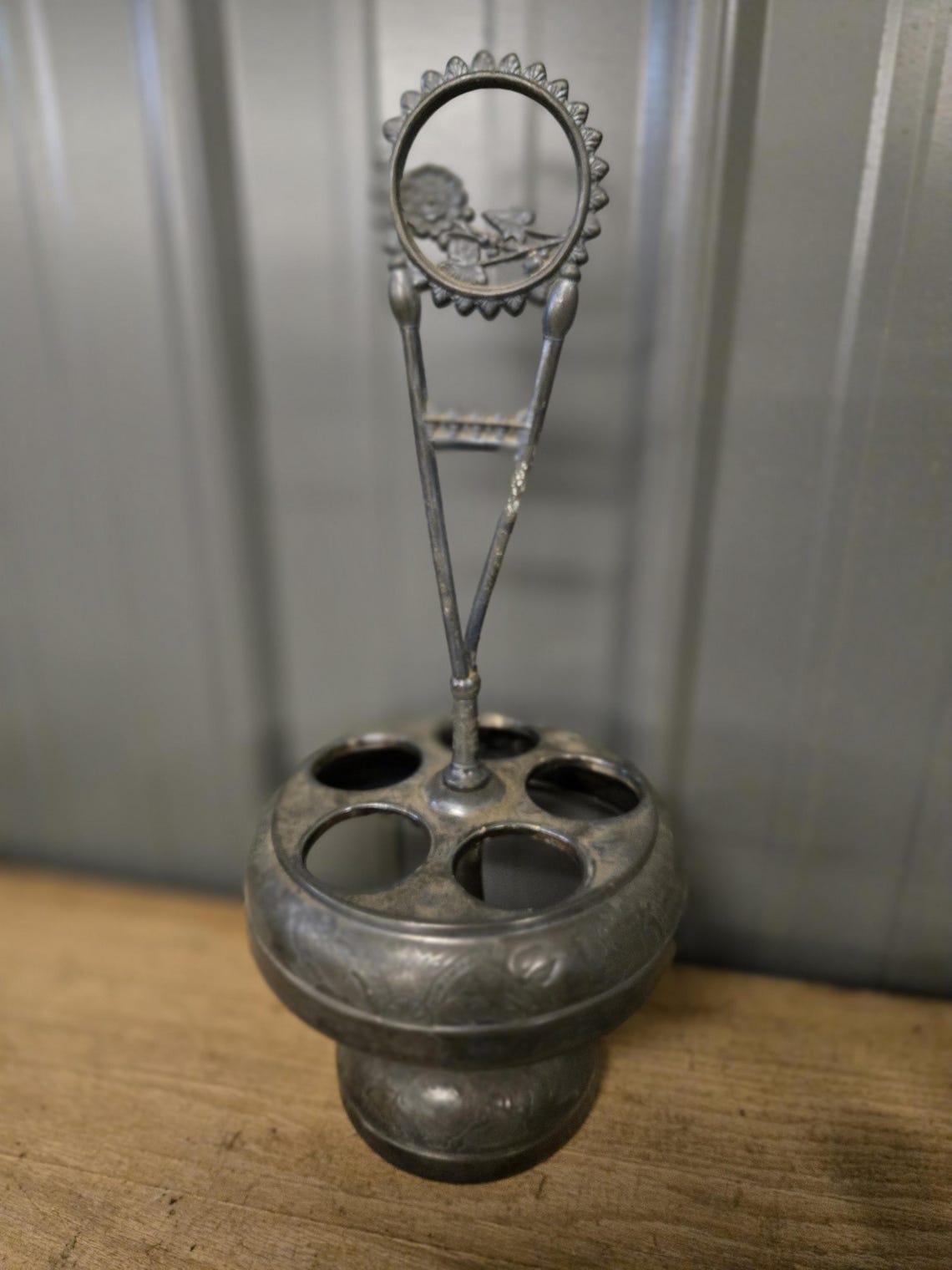 Antique Silver Plated Cruet Set 4 Etched Glass Bottles Ornate Holder ...