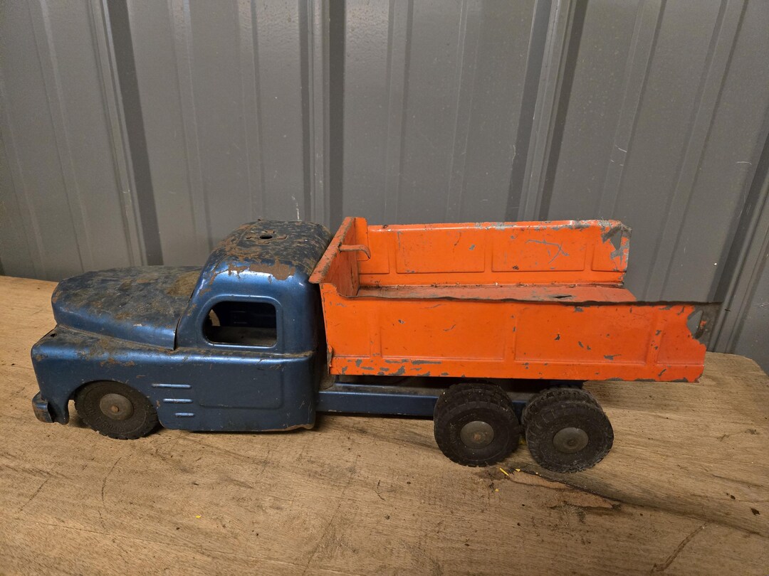 Vintage Structo Air Lift Dump Truck Pressed Steel Toy 20” Blue Orange ...