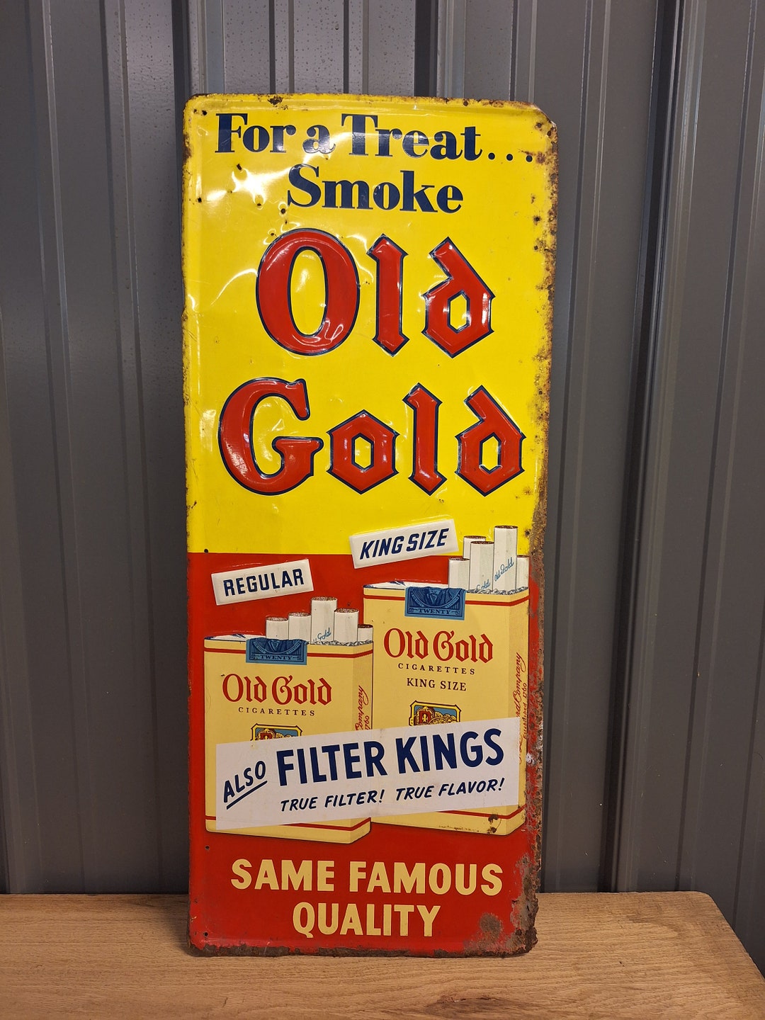 Vintage Old Gold Cigarette Smoking Filter Kings Embossed Metal Sign 14 ...