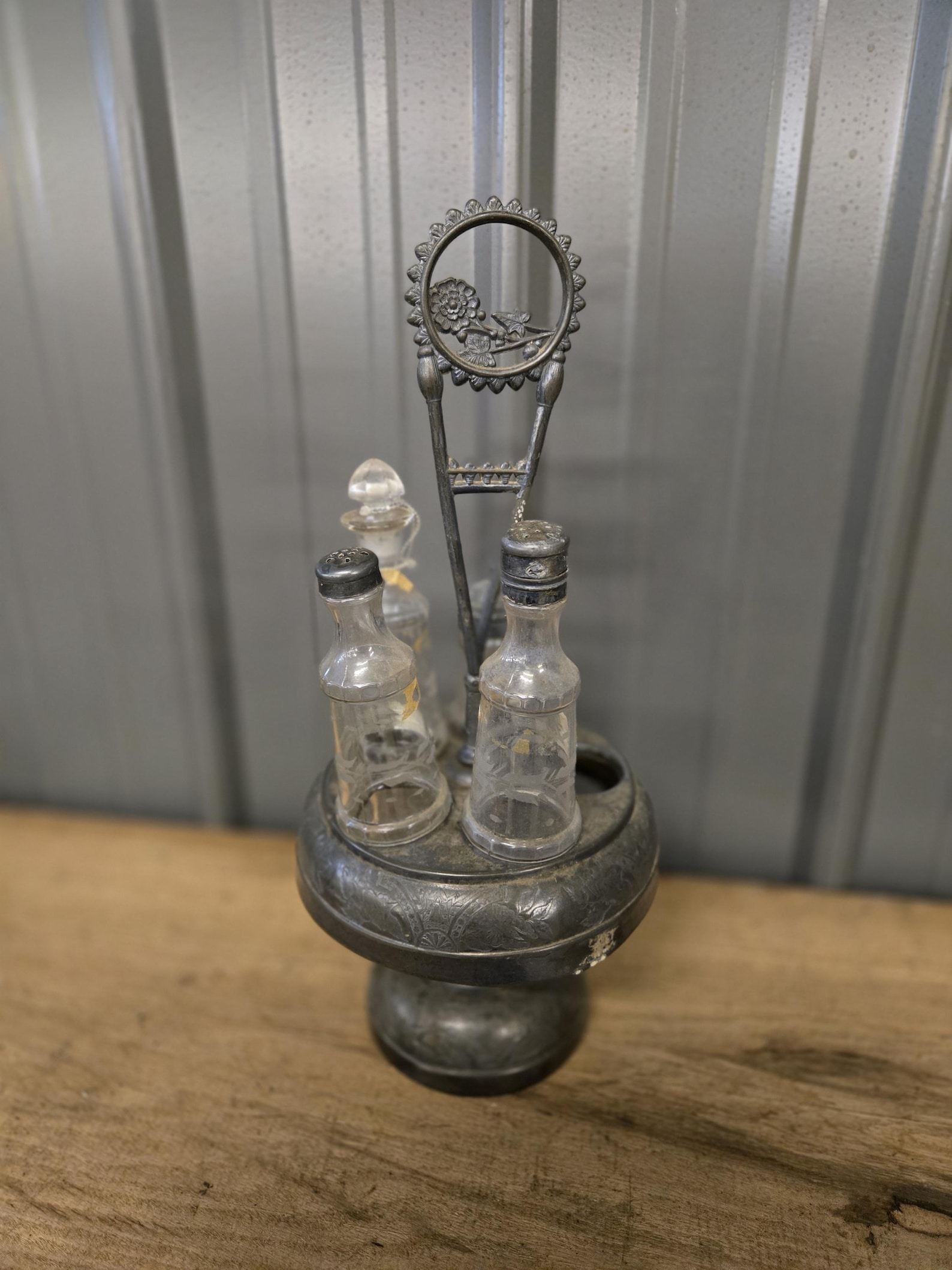 Antique Silver Plated Cruet Set 4 Etched Glass Bottles Ornate Holder ...