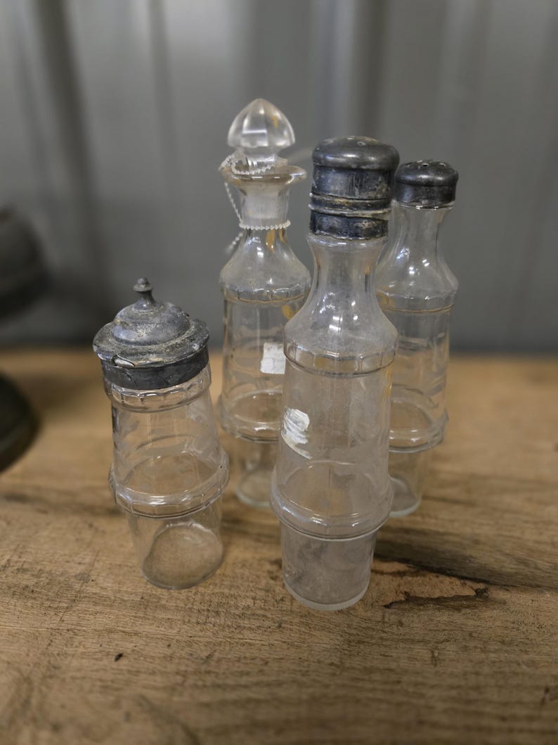 Antique Silver Plated Cruet Set 4 Etched Glass Bottles Ornate Holder ...