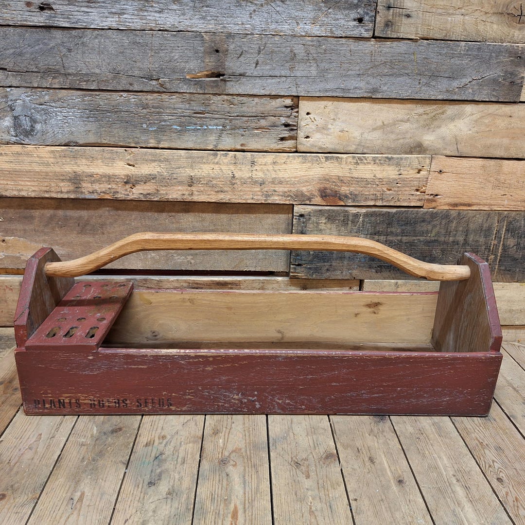 Antique Primitive Wooden Divided Tool Nail Box Tote Carrier Barn Red ...