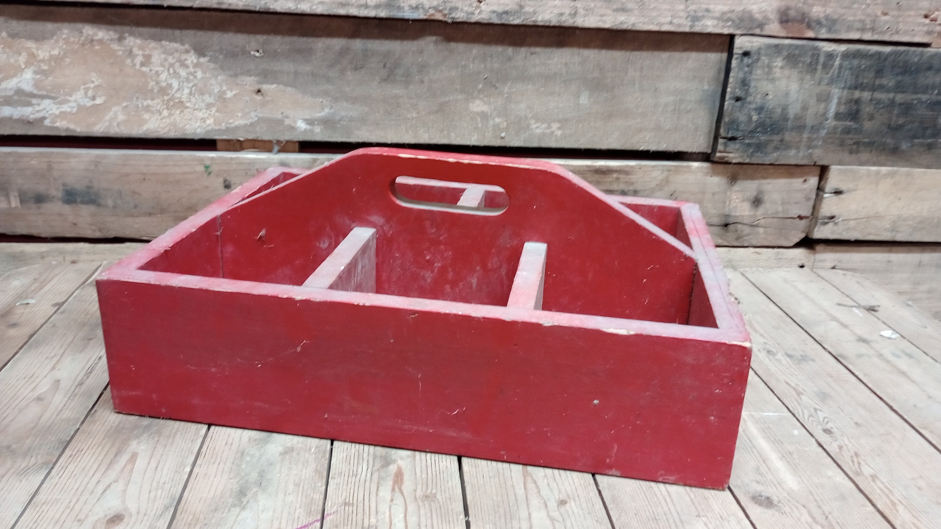 Antique Primitive Wooden Divided Tool Nail Box Tote Carrier Barn Red ...