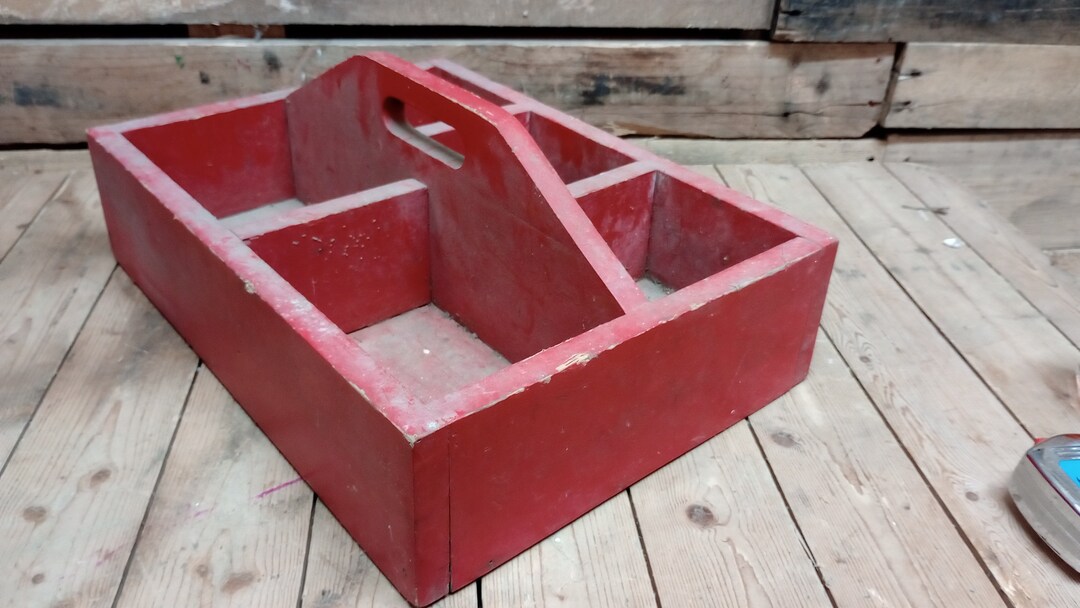 Antique Primitive Wooden Divided Tool Nail Box Tote Carrier Barn Red ...