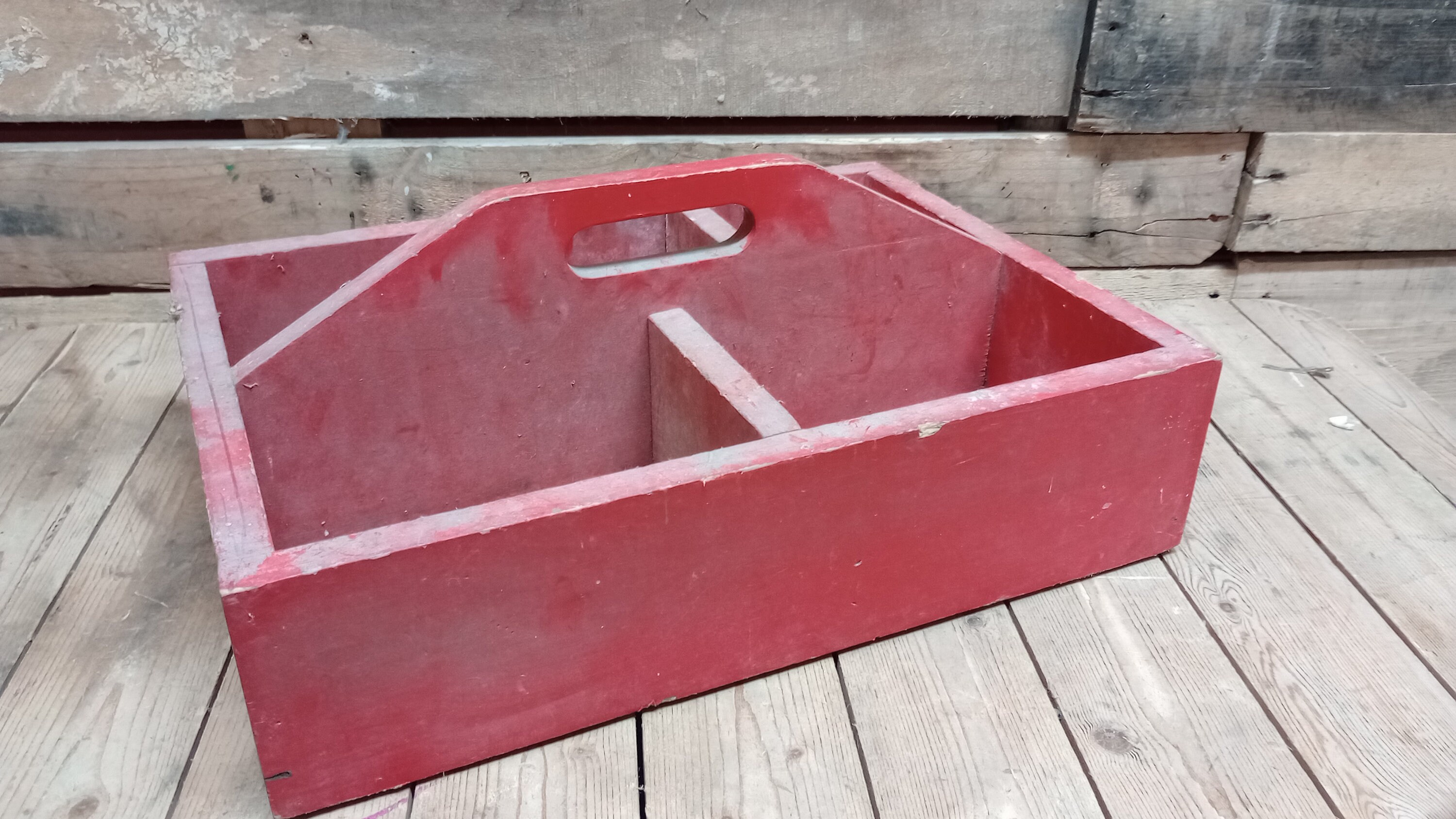 Antique Primitive Wooden Divided Tool Nail Box Tote Carrier Barn Red ...