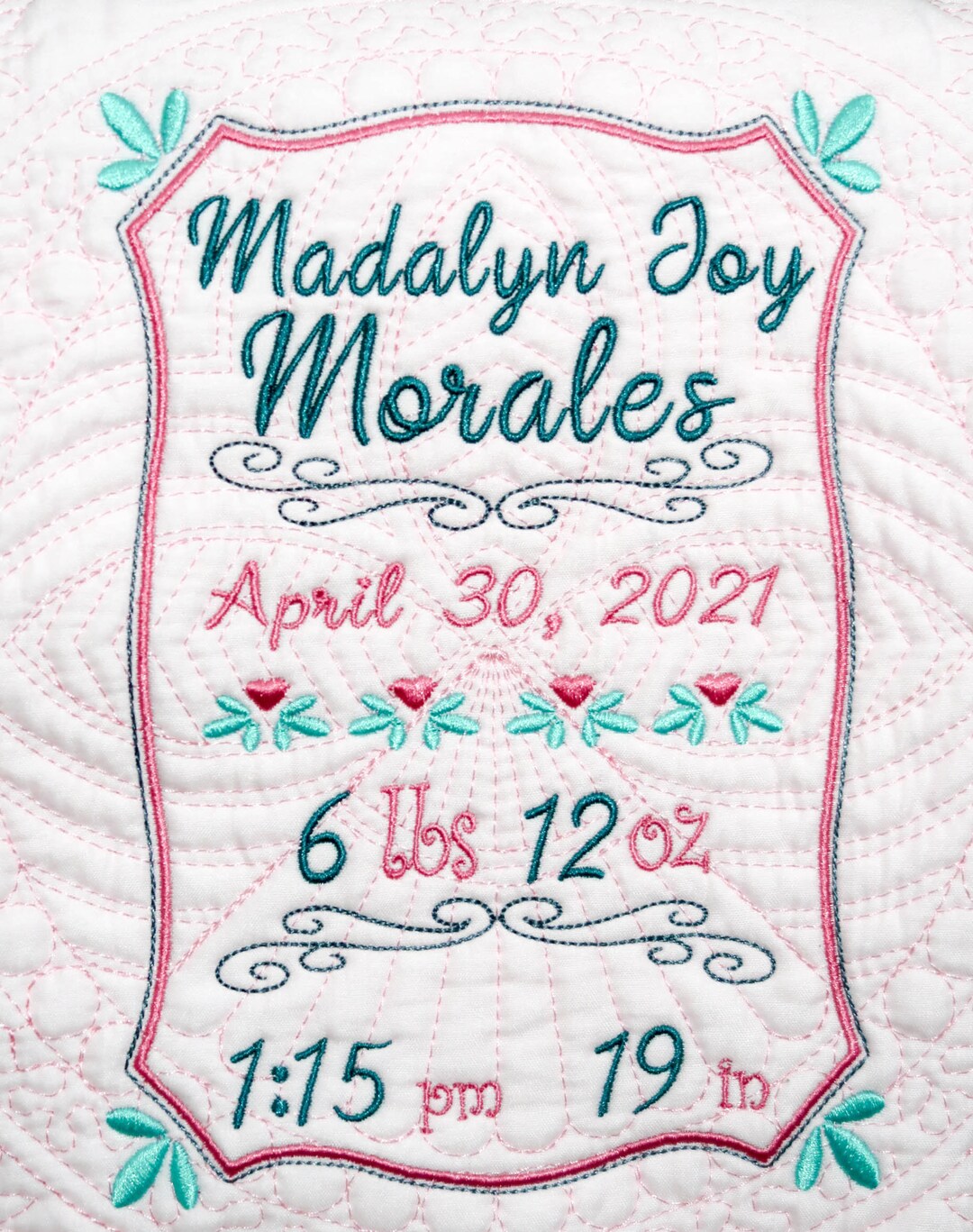 Floral Birth Stats Baby Blanket, Embroidered Baby Quilt, Personalized ...