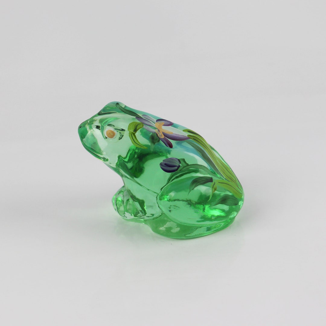 Fenton Green Frog Toad Art Glass Hand Painted Purple Iris Artist Signed ...