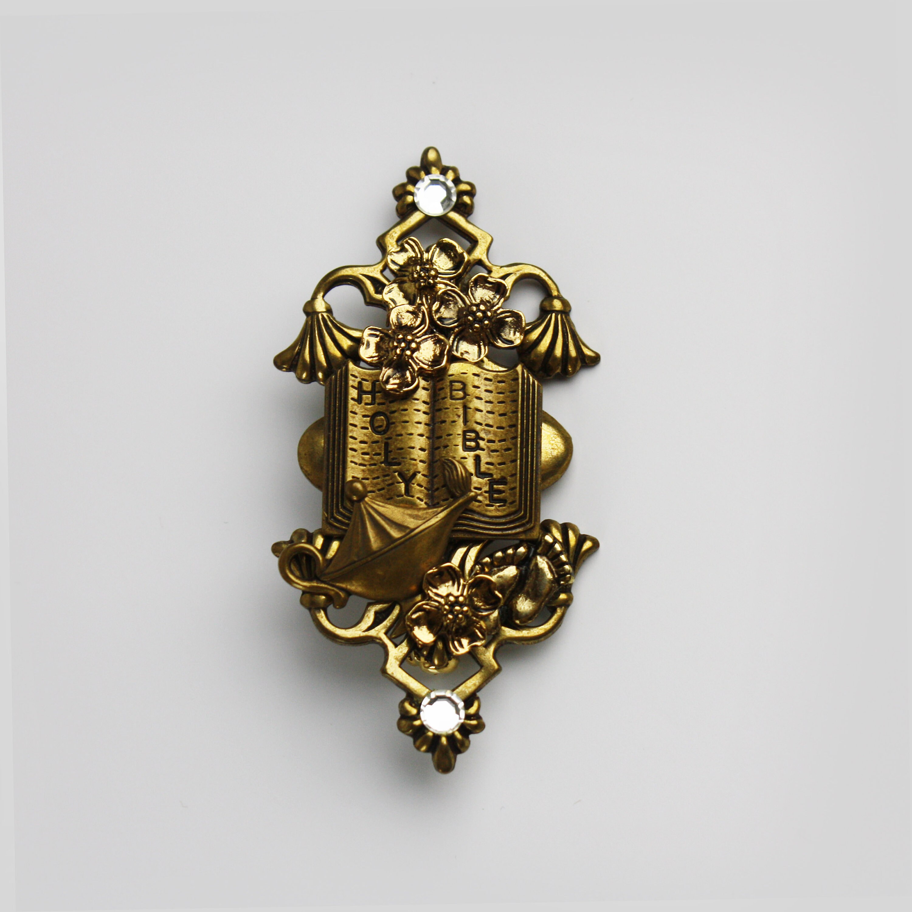 Vintage Brass Holy Bible Raised Dimensional Religious Brooch Pin With ...