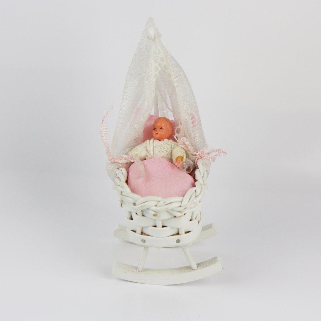 Vintage White Wicker Western Germany Doll Miniature Baby Bed Crib ...