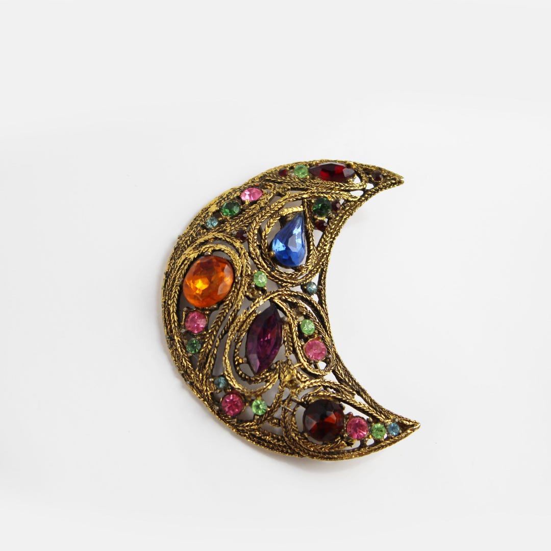 Vintage 1950s La Roco Half Moon Multi Color Rhinestone Textured Gold ...