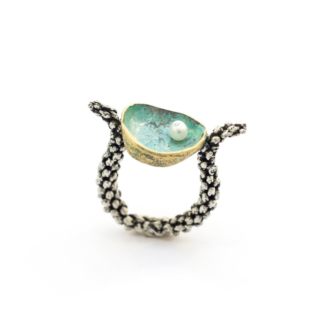 Dwarf Pomegranate and Araucaria Leaves Ring, Sterling Silver & Bronze ...