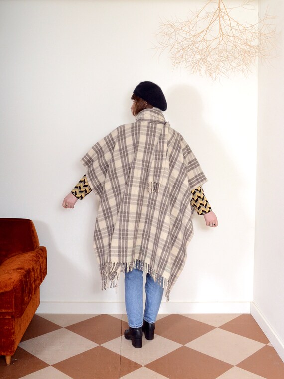 plaid wool fringe poncho with neck tie / 70s vintage … - Gem