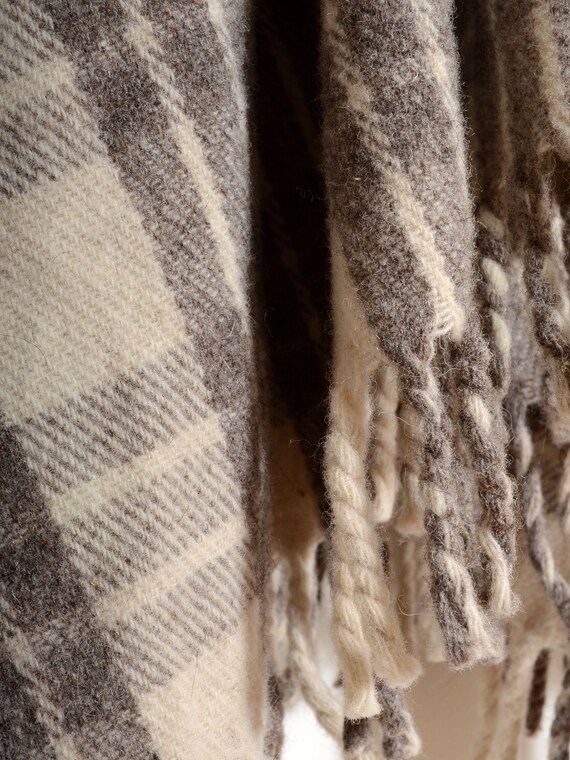 plaid wool fringe poncho with neck tie / 70s vintage … - Gem